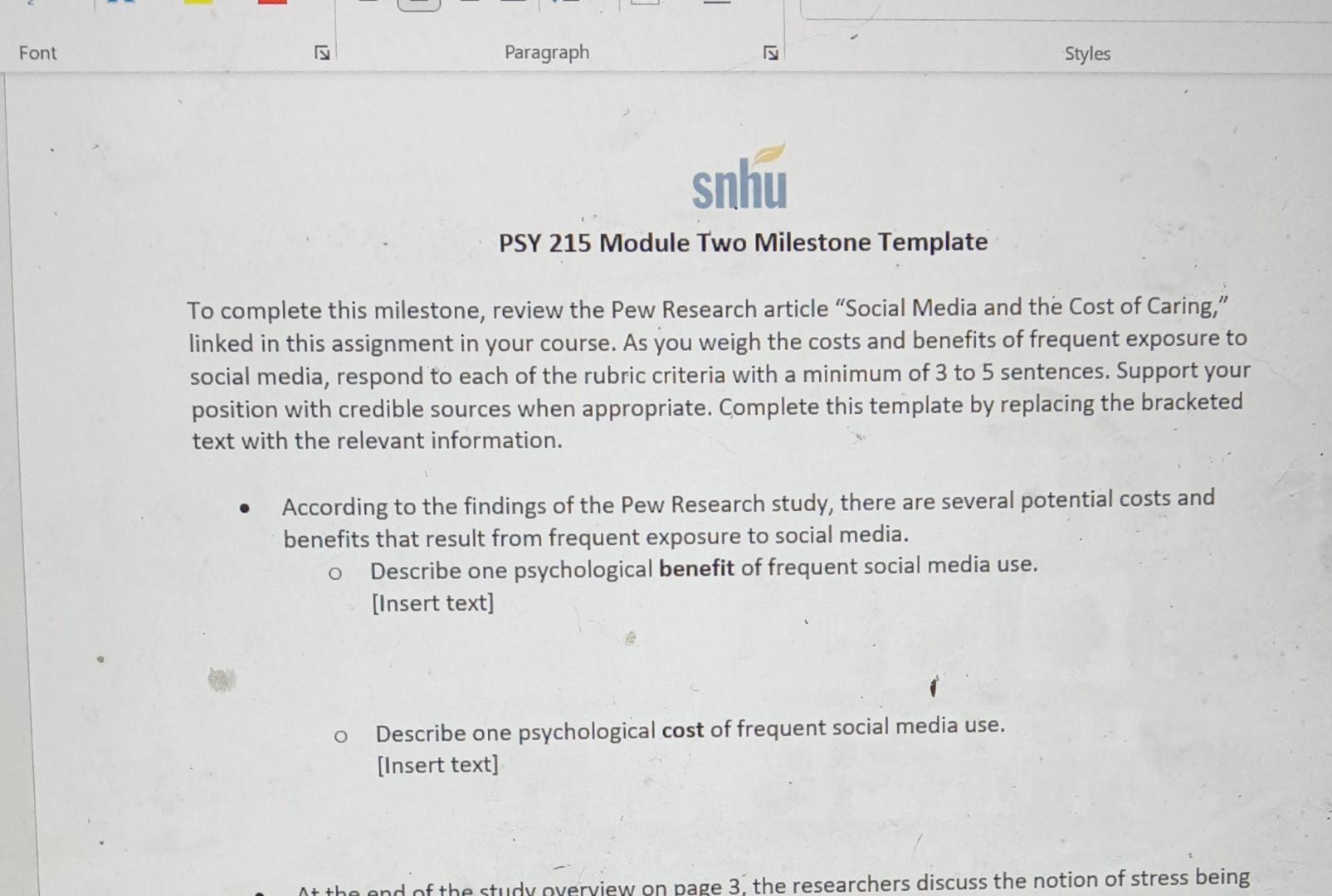 Solved PSY 215 Module Two Milestone Template To complete | Chegg.com
