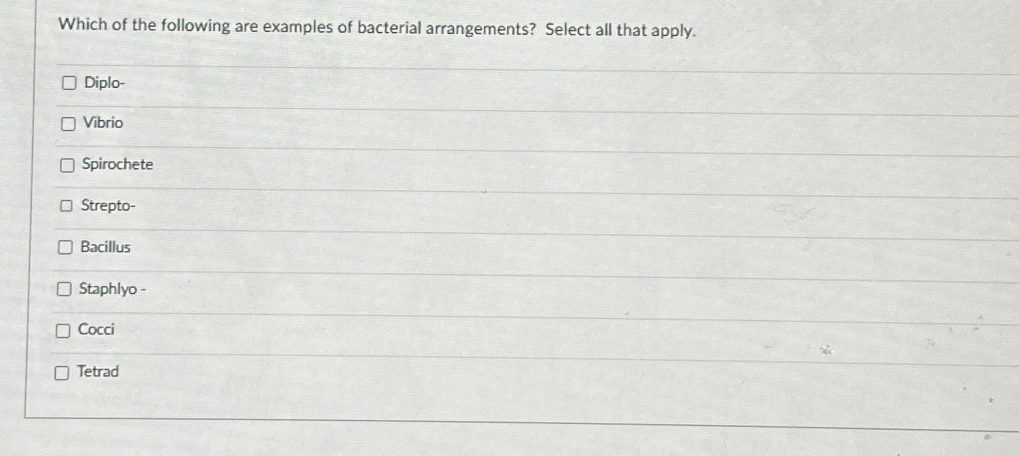 Solved Which of the following are examples of bacterial | Chegg.com