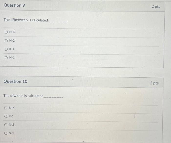 Solved The dfbetween is calculated N-K N−2 K-1 N-1 Question | Chegg.com