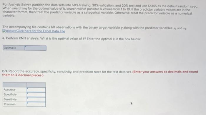 Solved For Analytic Solver, partition the data sets into 50% | Chegg.com