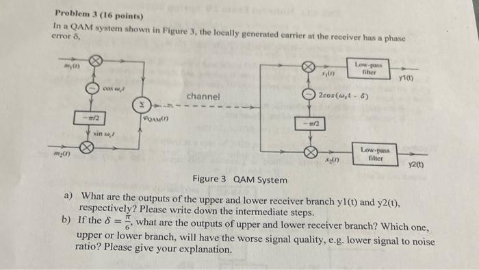 Solved Problem 3 (16 points) In a QAM system shown in Figure | Chegg.com Solved Problem 3 (16 points) In a QAM system shown in Figure | Chegg.com