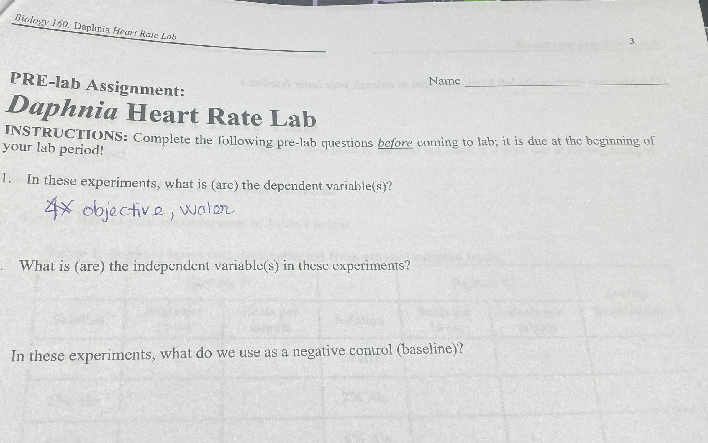 Solved Biology 160: Daphnia Heart Rate Lab3PRE-lab | Chegg.com