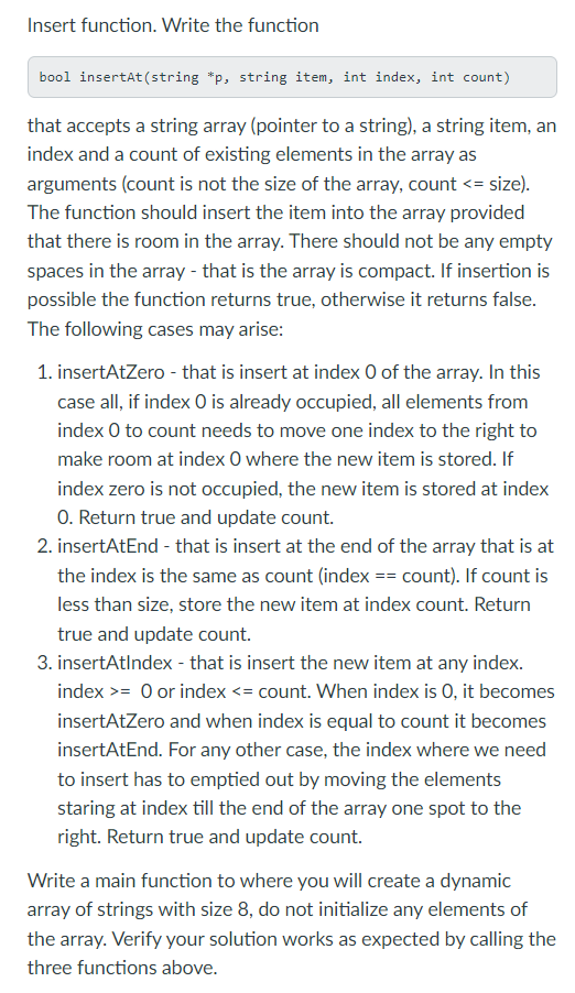 Solved bool insertAt(string *p, ﻿string item, int index, int | Chegg.com