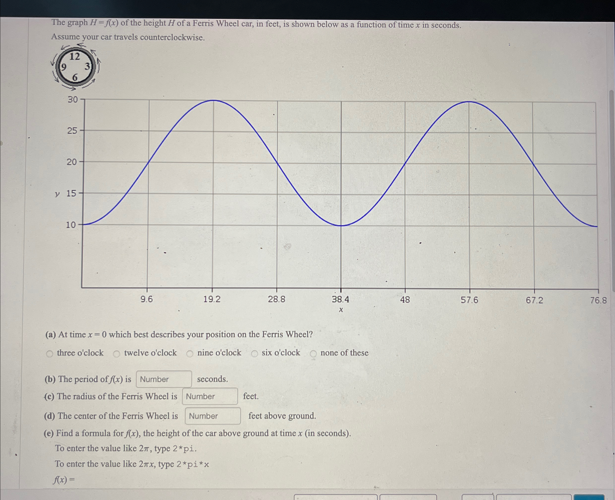 Solved The graph H=f(x) ﻿of the height H ﻿of a Ferris Wheel | Chegg.com