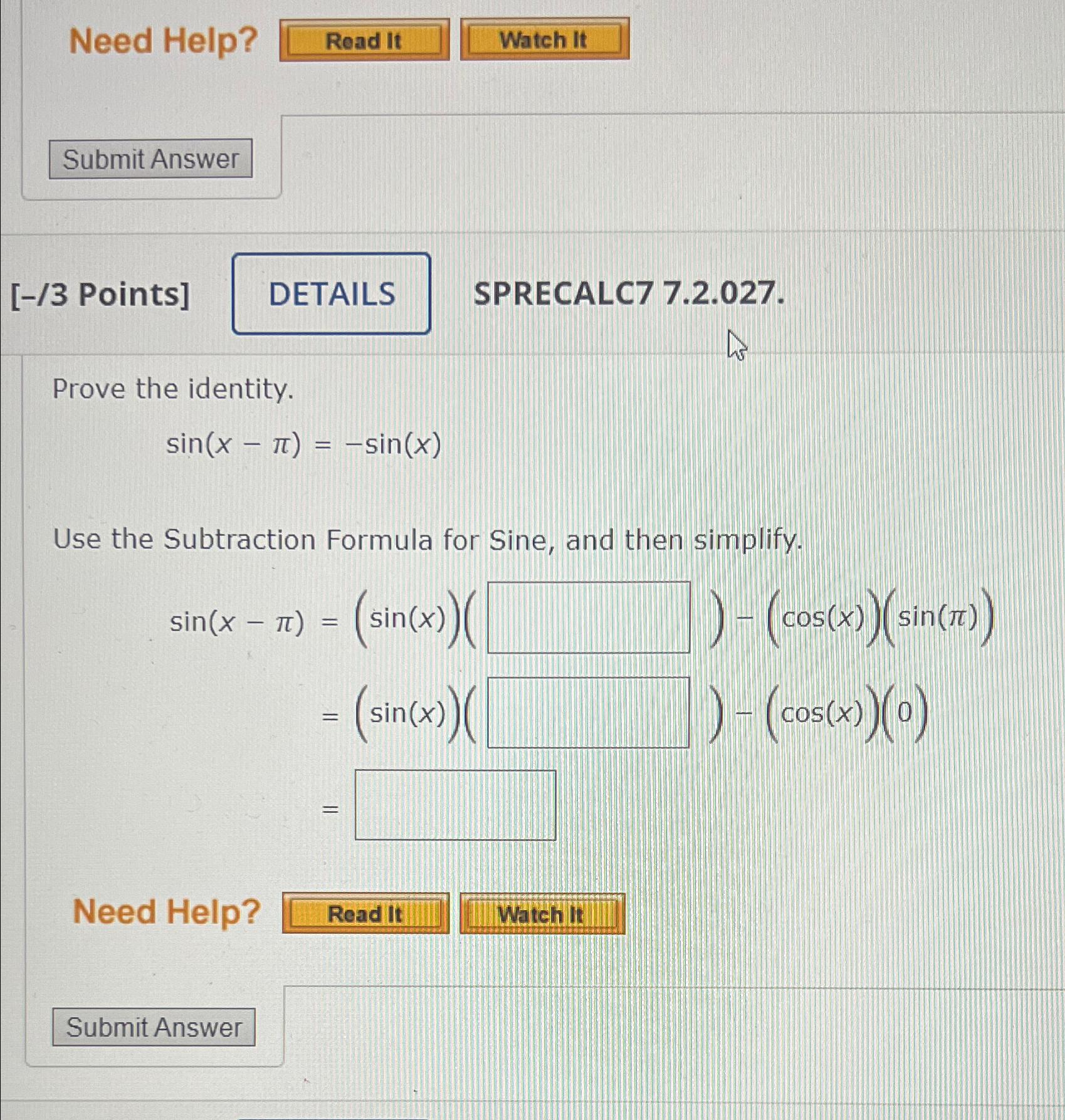Solved Need Help? ﻿Points]SPRECALC7 7.2.027.Prove the | Chegg.com