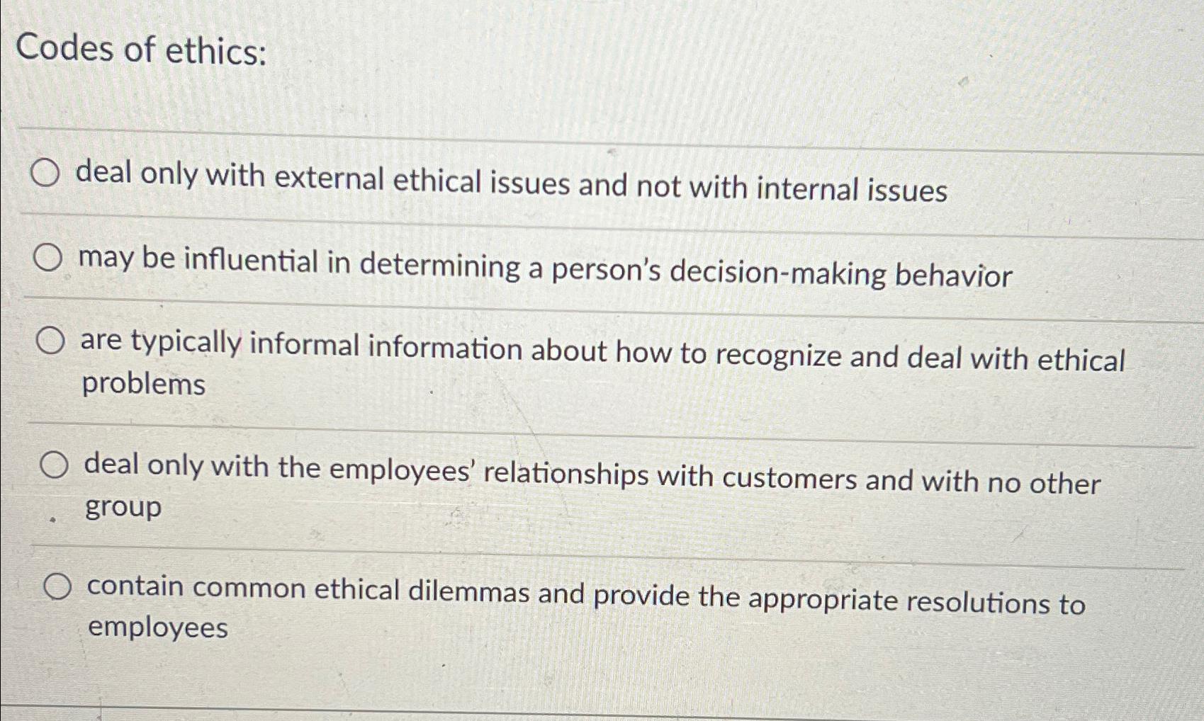 Solved Codes of ethics:deal only with external ethical | Chegg.com
