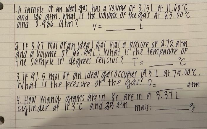 Solved 1. A sample of an ideal gas has a volume of | Chegg.com