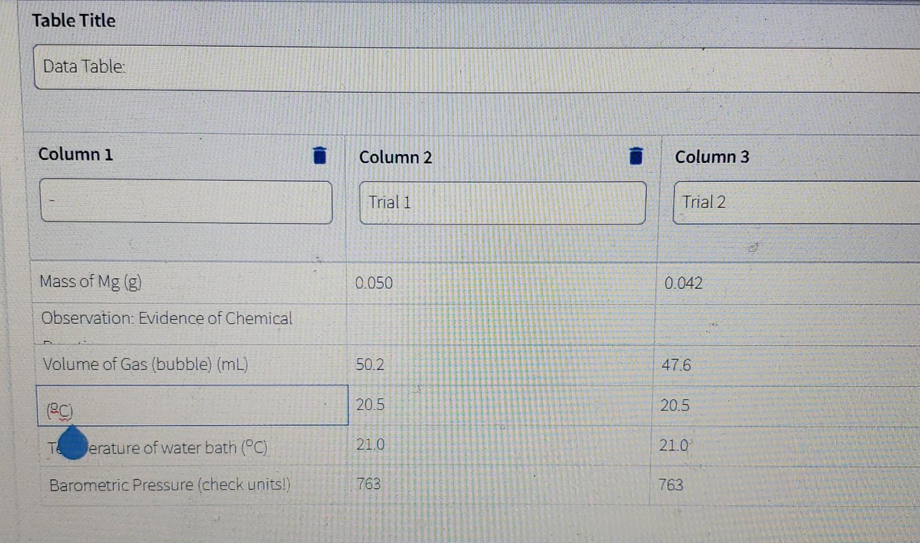 Table Title Data Table: Column 1 Mass of Mg(g) | Chegg.com