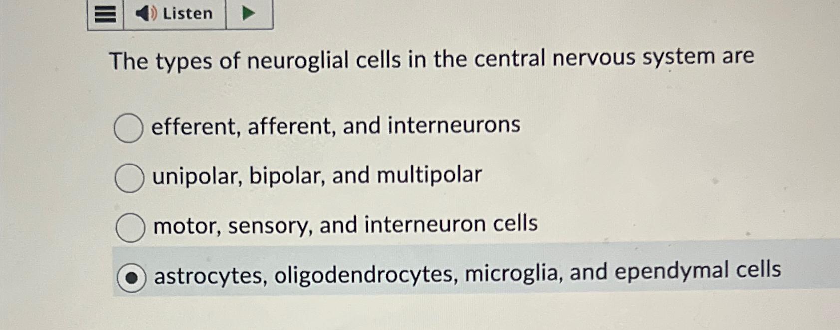 Solved The types of neuroglial cells in the central nervous | Chegg.com