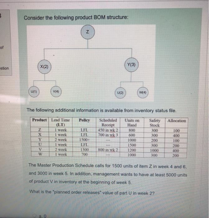 Solved 3 Consider the following product BOM structure: N -of | Chegg.com