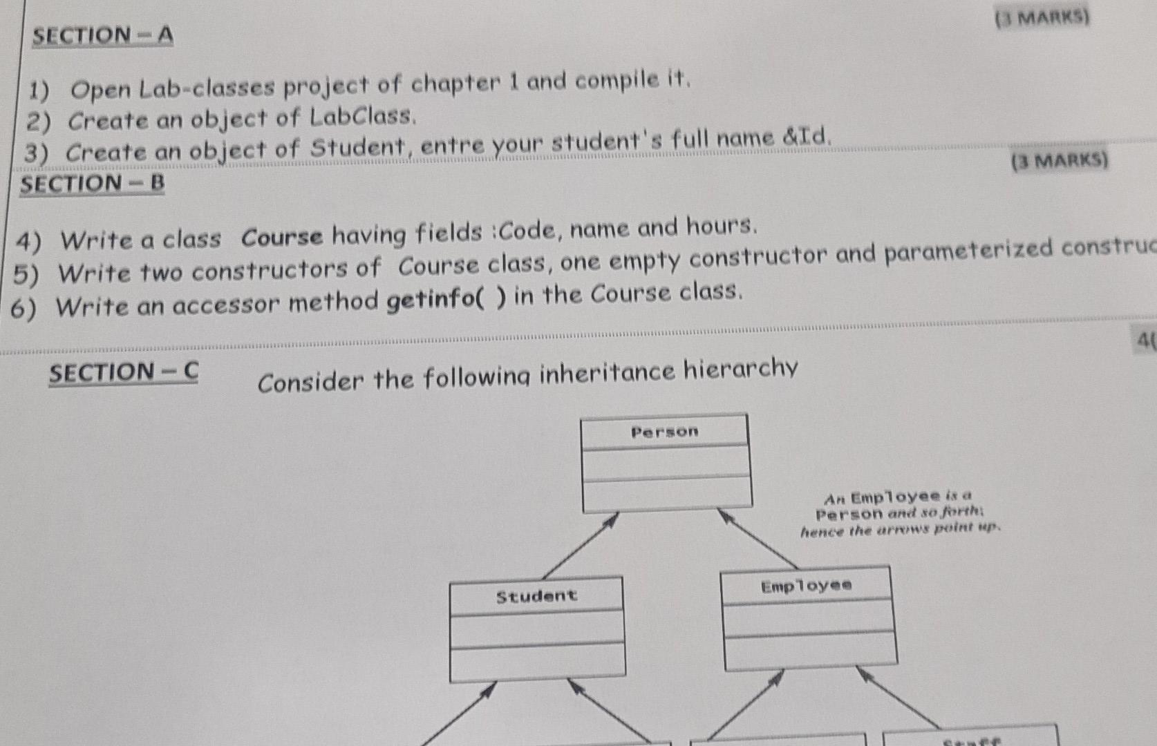 Solved (3 MARKS) SECTION -A 1) Open Lab-classes project of | Chegg.com