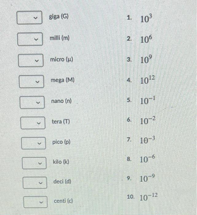 Solved giga (G) 1. 10 DD milli (m) . 2 106 V micro (u) 3. | Chegg.com