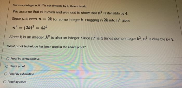 Solved For every integer n, if n is not divisible by 4, then | Chegg.com