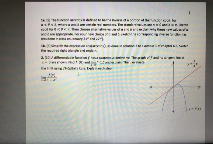 Solved 1a. [5] The function arccot x is defined to be the | Chegg.com