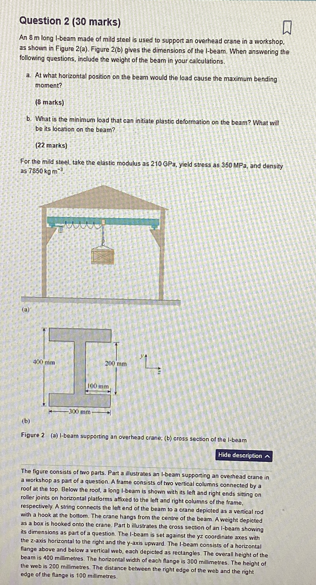 Solved Question 2 (30 ﻿marks)An 8 ﻿m long l-beam made of | Chegg.com