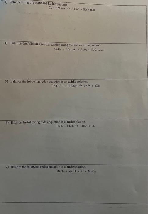 Cu+HNO3+H∗→Cu2+NO+H2O 4) Balance the following redox | Chegg.com