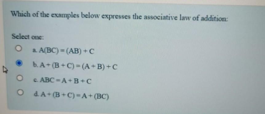 Solved Which of the examples below expresses the associative | Chegg.com