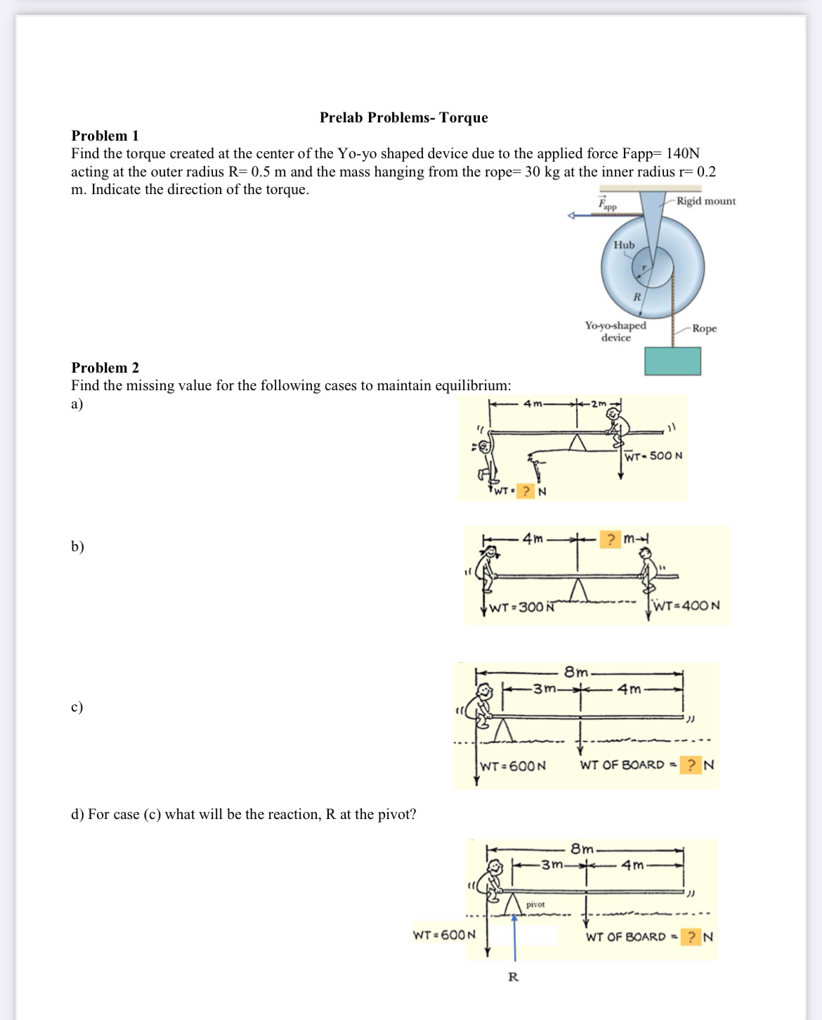 Solved Prelab Problems- ﻿TorqueProblem 1Find the torque | Chegg.com