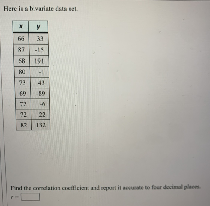 Solved Here is a bivariate data set. Find the correlation | Chegg.com