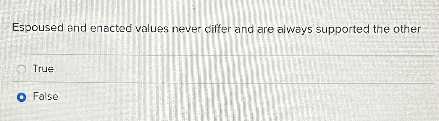 Solved Espoused and enacted values never differ and are | Chegg.com