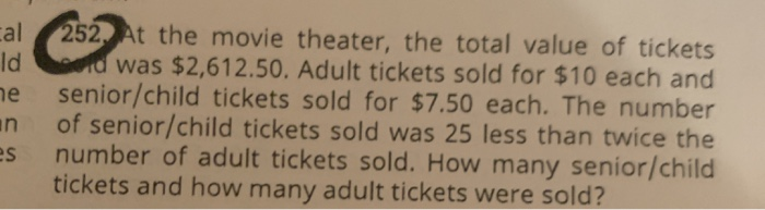Solved 252 At the movie theater, the total value of tickets | Chegg.com