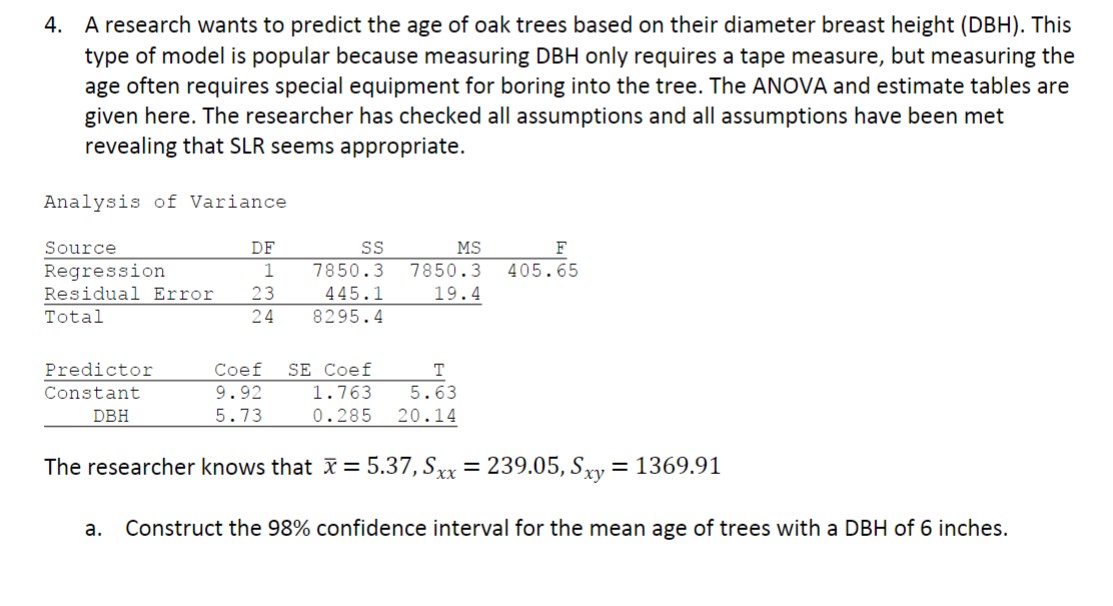 Solved b. ﻿Construct the 98% ﻿prediction interval for a tree | Chegg.com