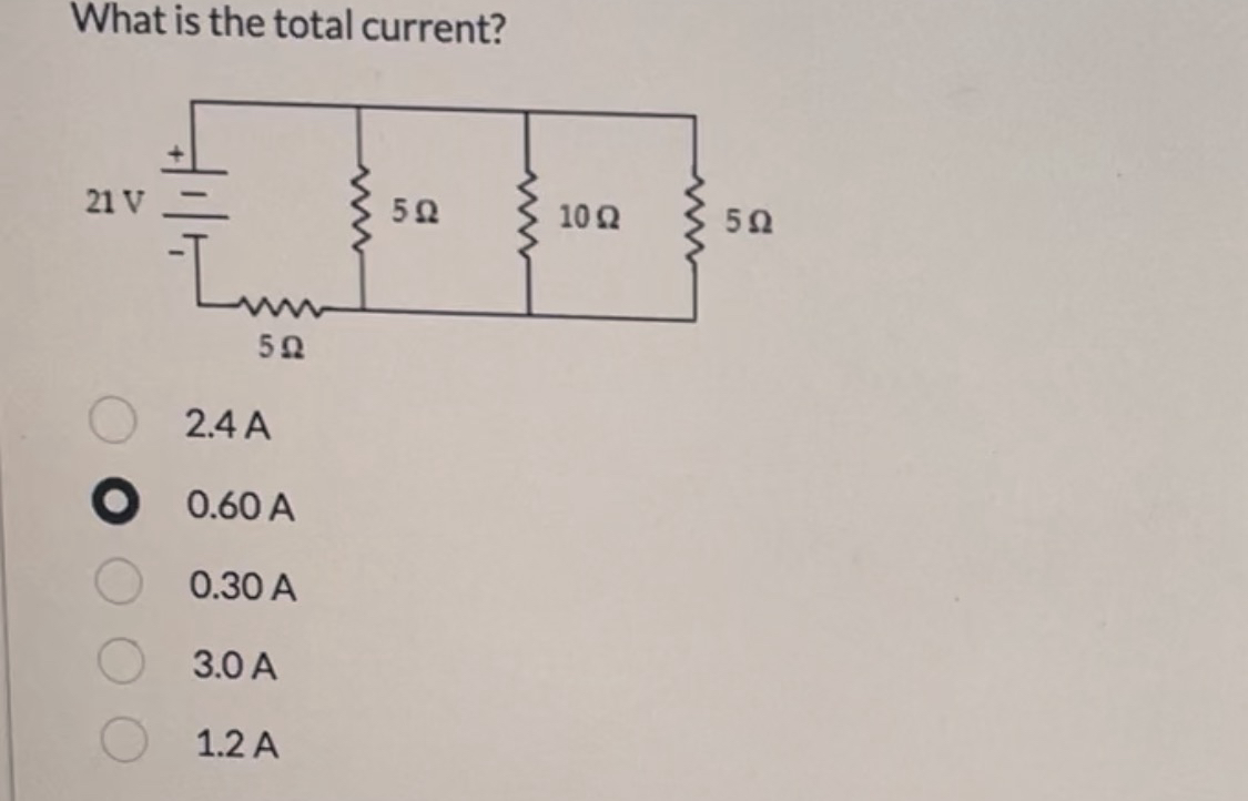 Solved What is the total current?2.4 ﻿A0.60A0.30A3.0A1.2 ﻿A | Chegg.com