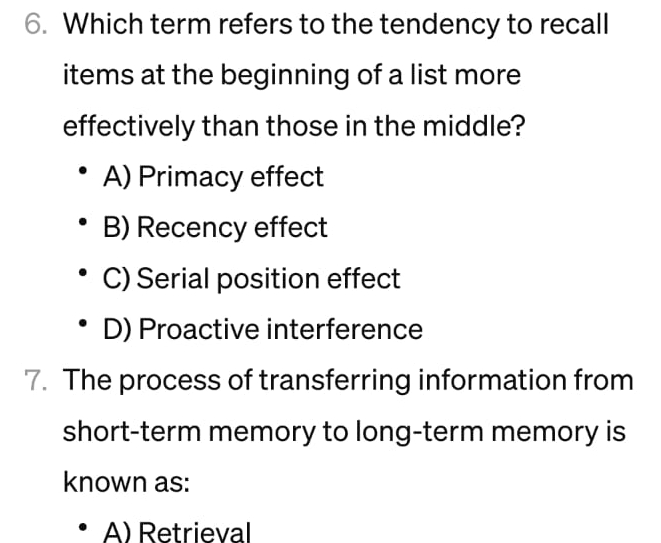 Solved Which term refers to the tendency to recall items at | Chegg.com
