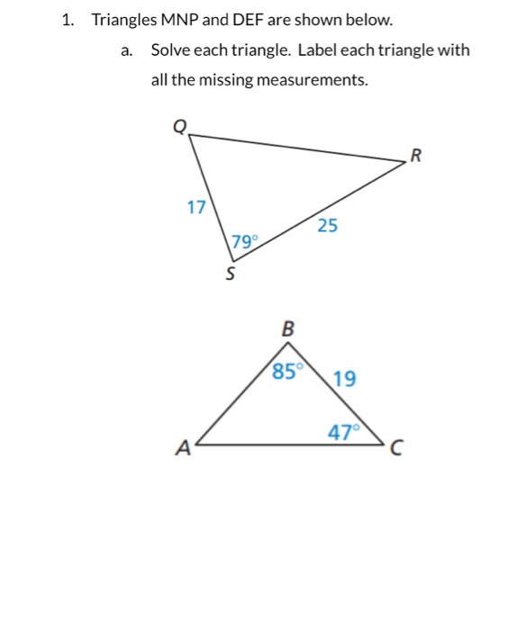 Solved 1. Triangles MNP and DEF are shown below. a. Solve | Chegg.com