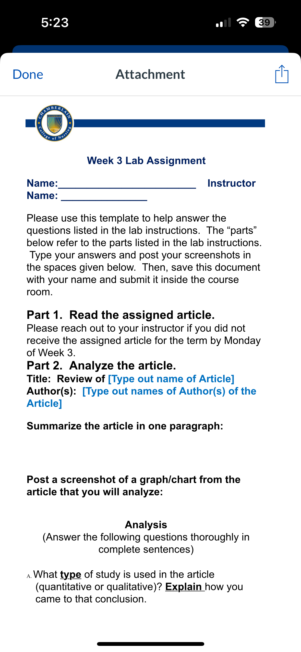 Solved 5:2339DoneAttachmentWeek 3 ﻿Lab AssignmentName: | Chegg.com