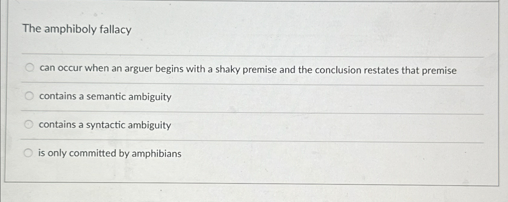 Solved The amphiboly fallacycan occur when an arguer begins | Chegg.com