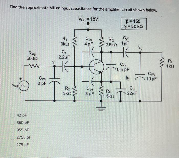 Solved Find the approximate Miller input capacitance for the | Chegg.com