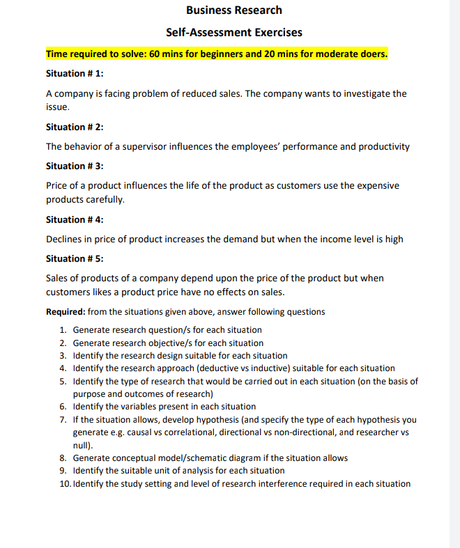 Solved Business Research Self-Assessment Exercises Time | Chegg.com