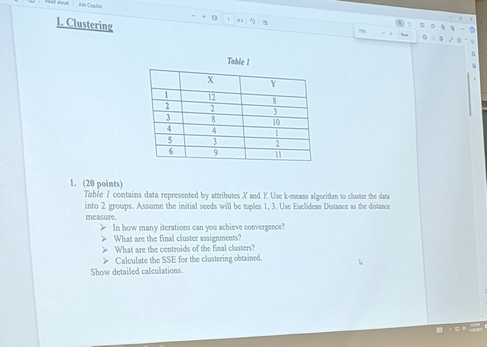 Solved I Clustering Table I 1 20 Points Table L 8802