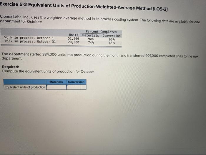 Solved Exercise 5-2 Equivalent Units of Production-Weighted | Chegg.com