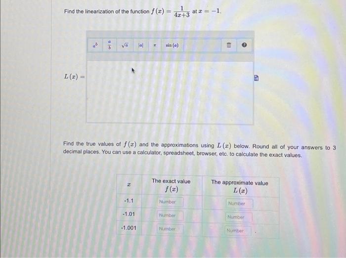 Solved Find the linearization of the function f(x) = L(x) = | Chegg.com
