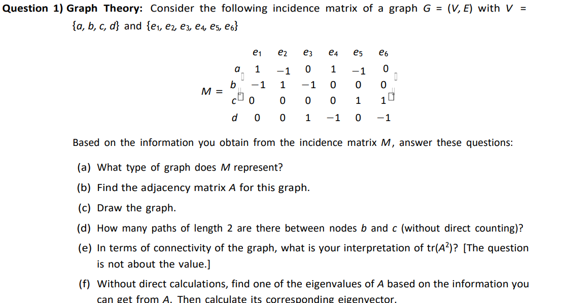 Solved Question 1) ﻿Graph Theory: Consider the following | Chegg.com