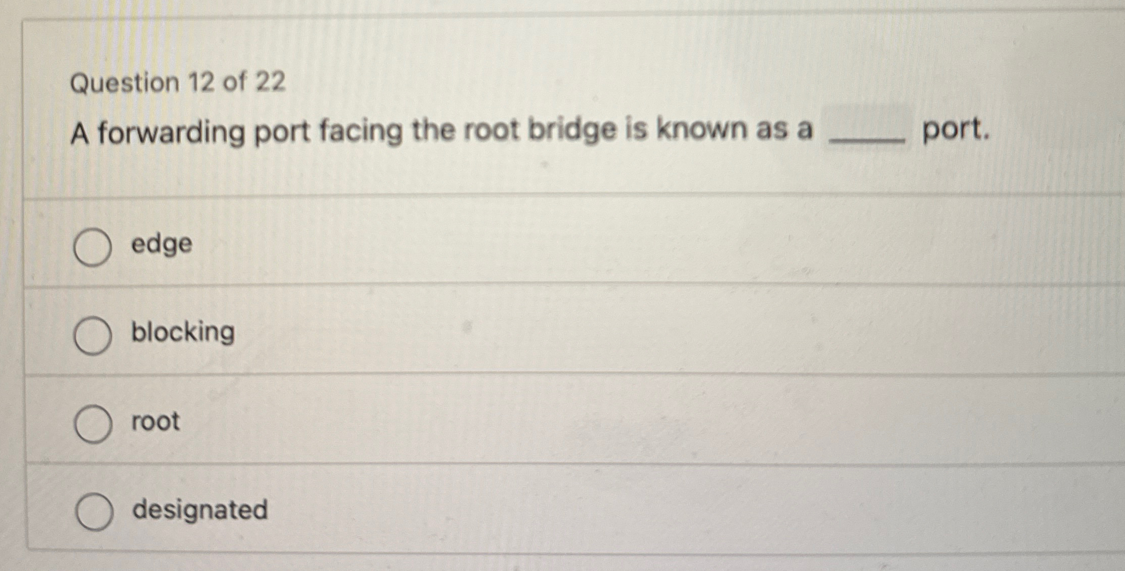 Solved Question 12 ﻿of 22A forwarding port facing the root | Chegg.com