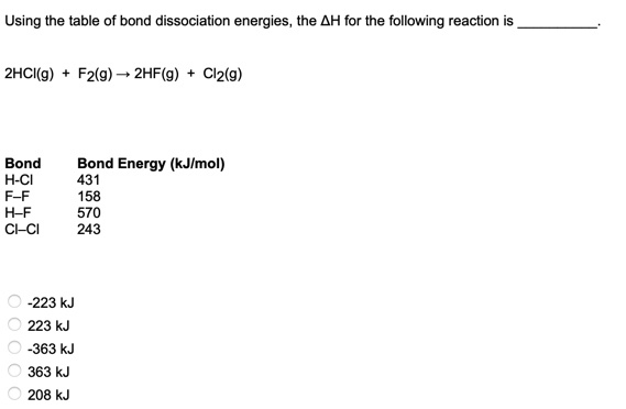 Solved Using the table of bond dissociation energies, the ΔH | Chegg.com