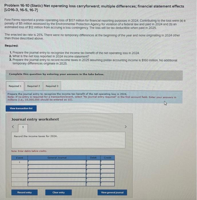 Solved Problem 16-10 (Static) Net operating loss | Chegg.com
