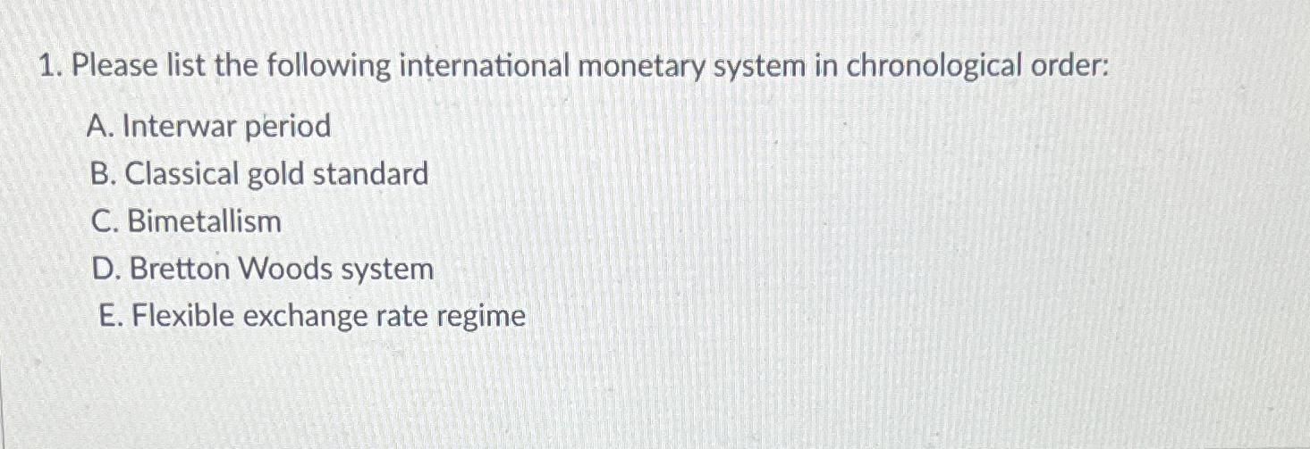 Solved Please list the following international monetary | Chegg.com