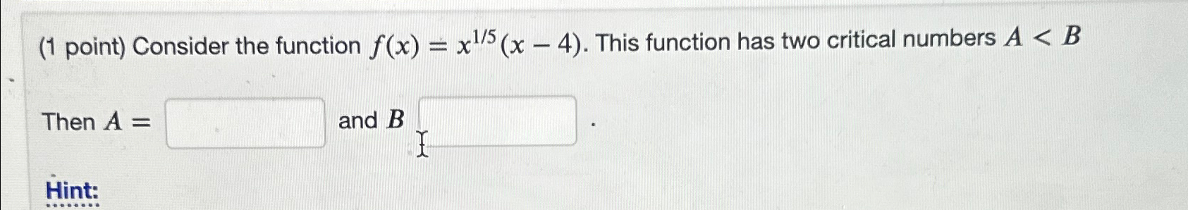 Solved (1 ﻿point) ﻿Consider the function f(x)=x15(x-4). | Chegg.com