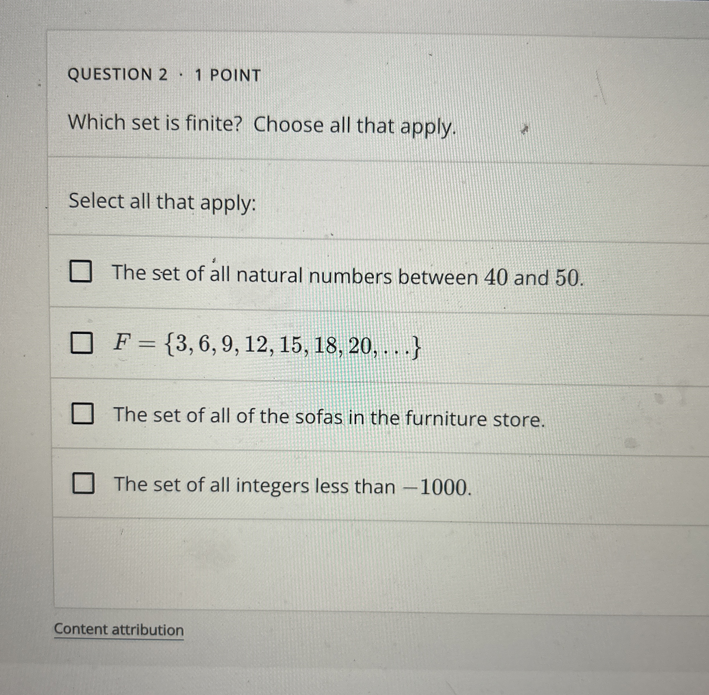 Solved QUESTION 2 - 1 ﻿POINTWhich set is finite? Choose all | Chegg.com