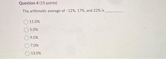 Solved The arithmetic average of −12%,17%, and 22% is | Chegg.com