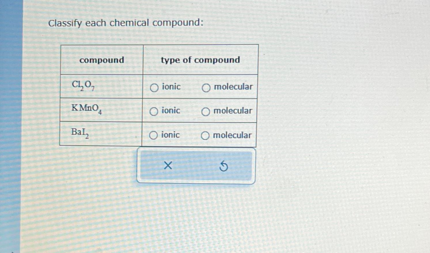 Solved Classify each chemical compound:\table[[compound,type | Chegg.com