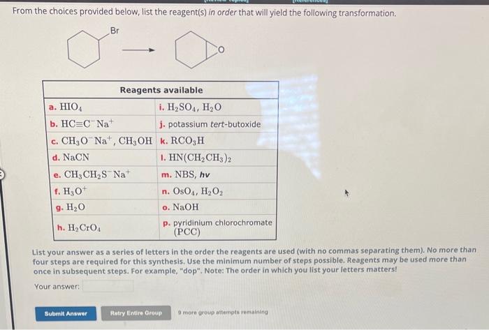 Solved From the choices provided below, list the reagent(s) | Chegg.com