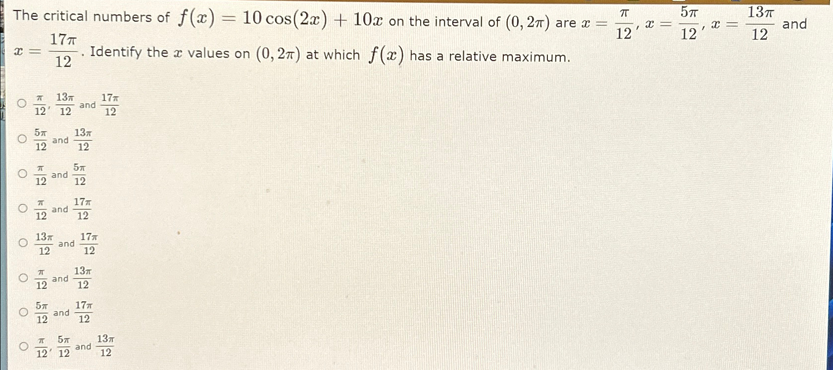 Solved The critical numbers of f(x)=10cos(2x)+10x ﻿on the | Chegg.com