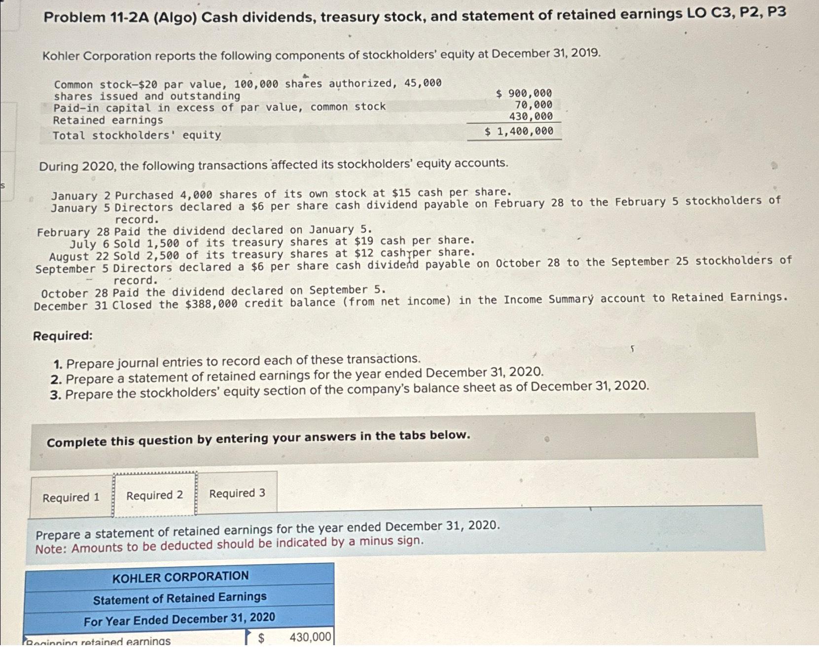 Solved Problem 11-2A (Algo) ﻿Cash dividends, treasury stock, | Chegg.com