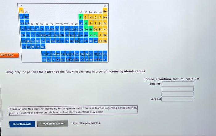 Solved Using only the periodic table arrange the following | Chegg.com