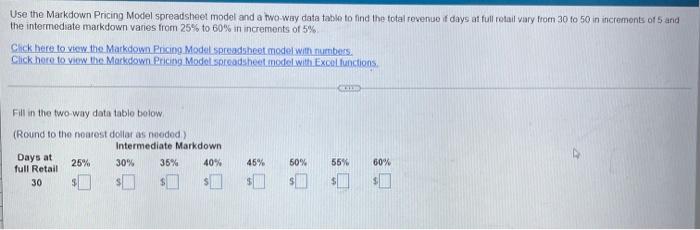Solved Use the Markdown Pricing Model spreadsheet model and | Chegg.com
